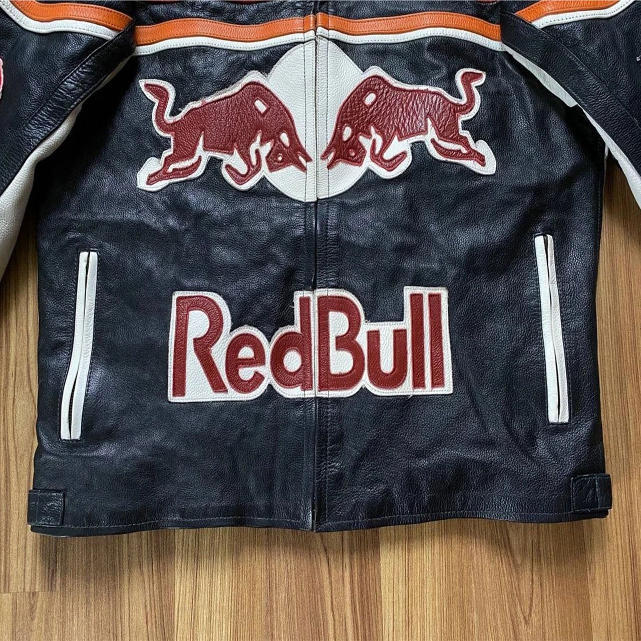 Red Bull Vintage Racing Leather Jacket Red & Black... | Depop