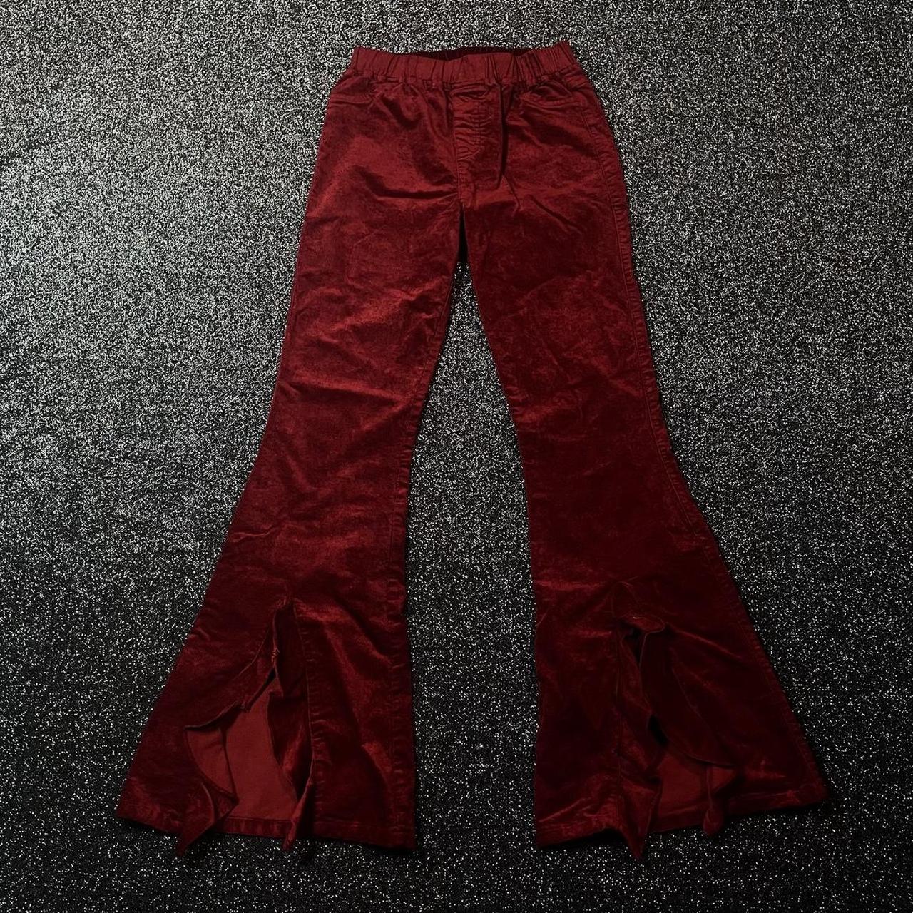 Vampire ruffle velvet flare pants. A red velvet... | Depop