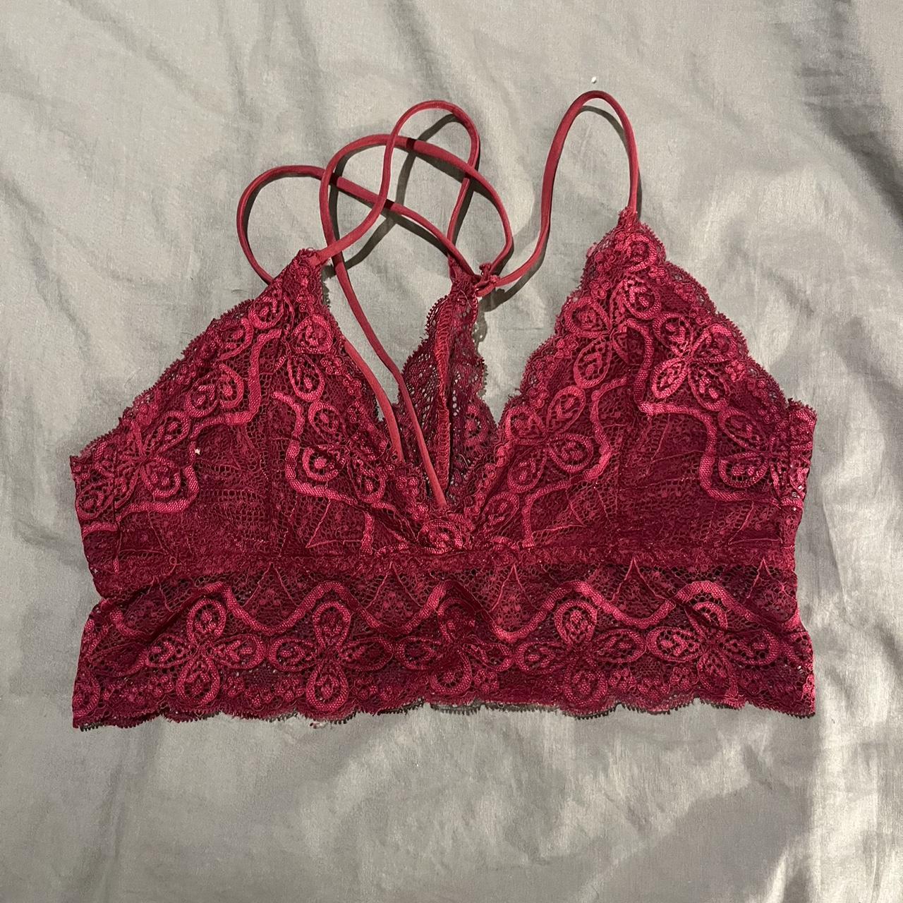 red lacy bralette straps in front and down middle... - Depop