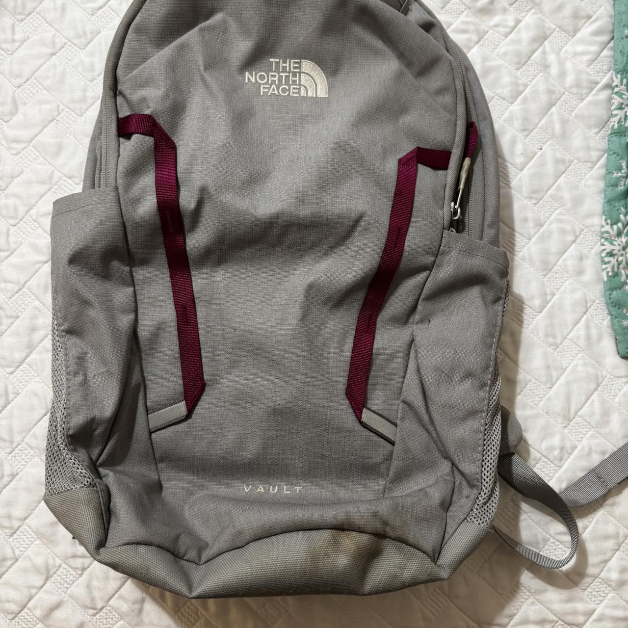 Grey and burgundy The North Face backpack... - Depop