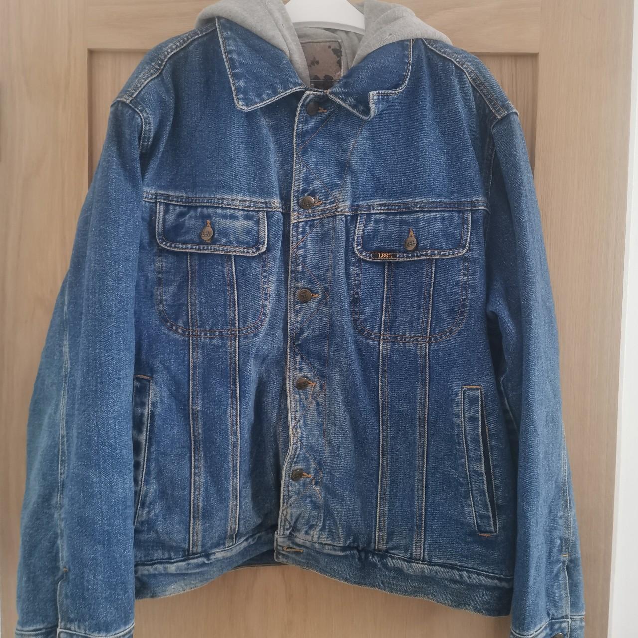 Vintage lee denim jacket with built in grey hooded... - Depop