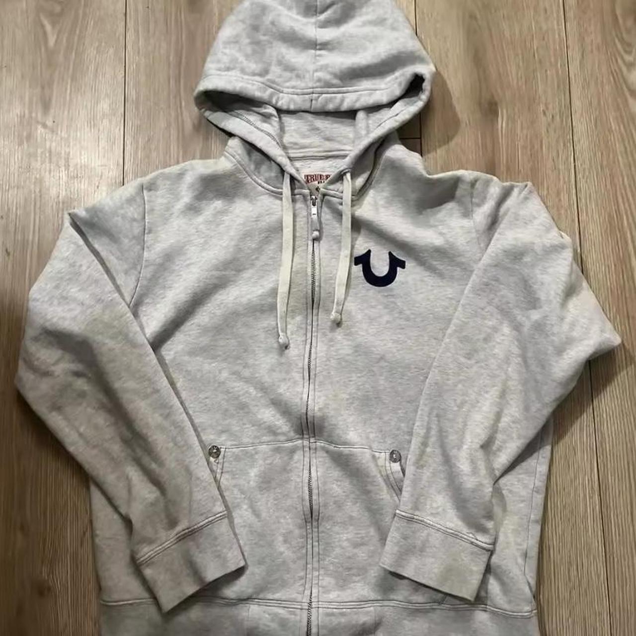 Grey True Religion zip-up hoodie with embroidered... - Depop