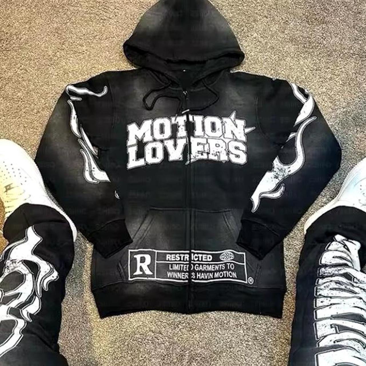 Black & white Motion Lovers zip-up hoodie fits slim - Depop