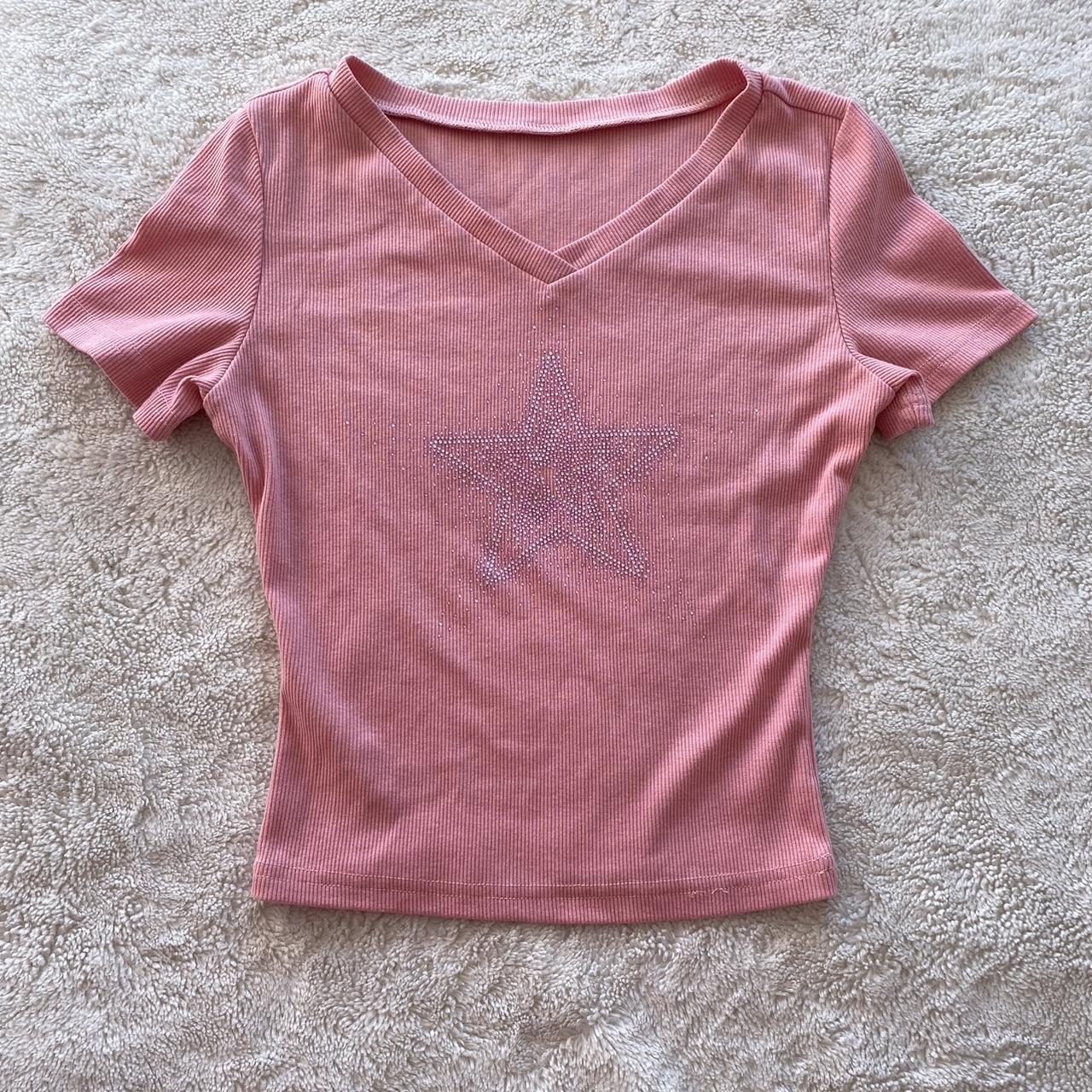 Y2K pink fitted star shirt sleeve tee shirt with... - Depop