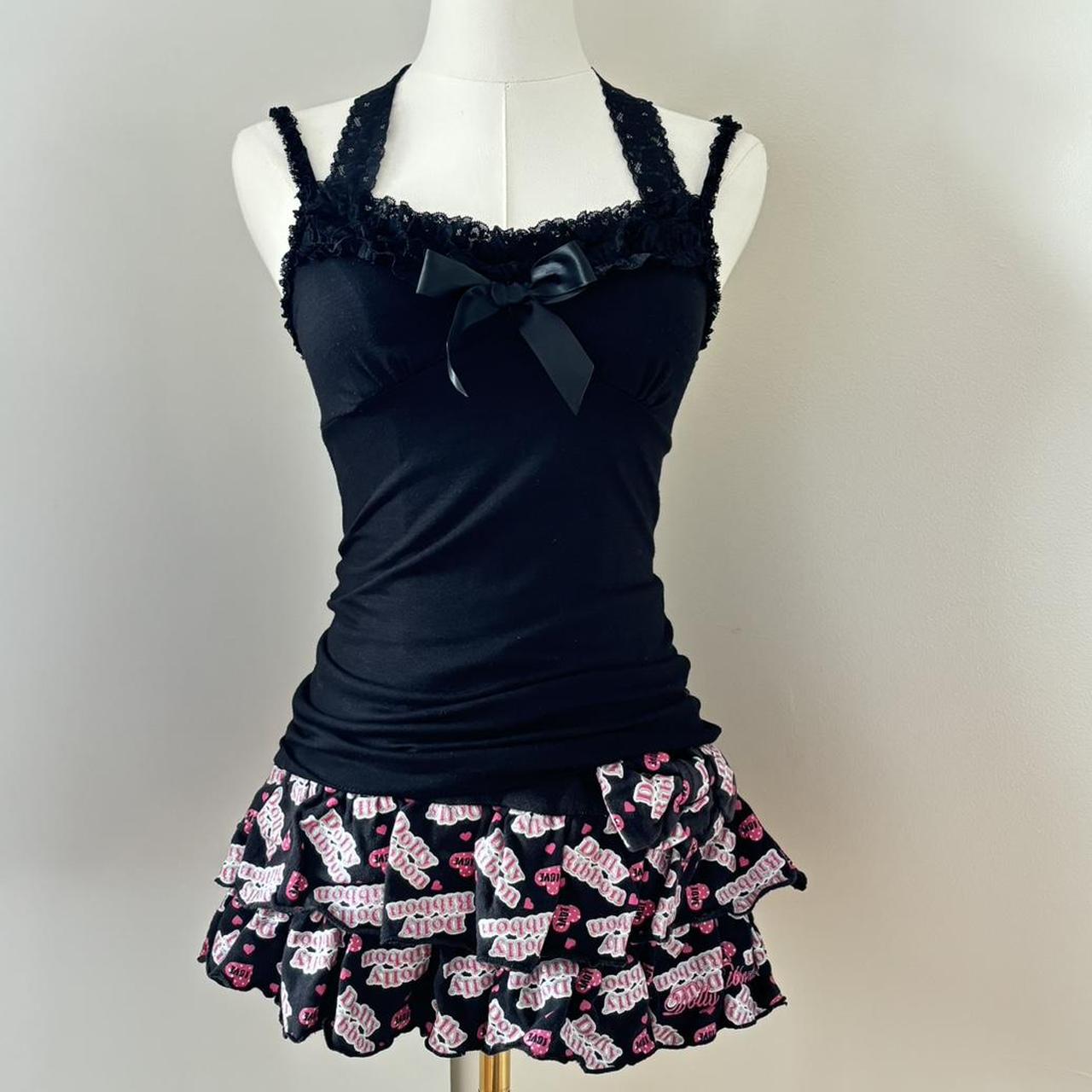 Dolly ribbon jfashion black print miniskirt 🎀 This... - Depop