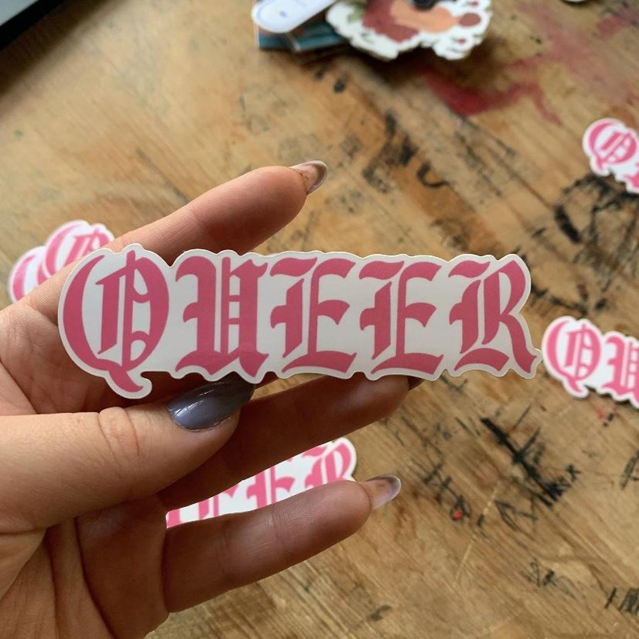 Pink queer pride sticker in gothic font... - Depop