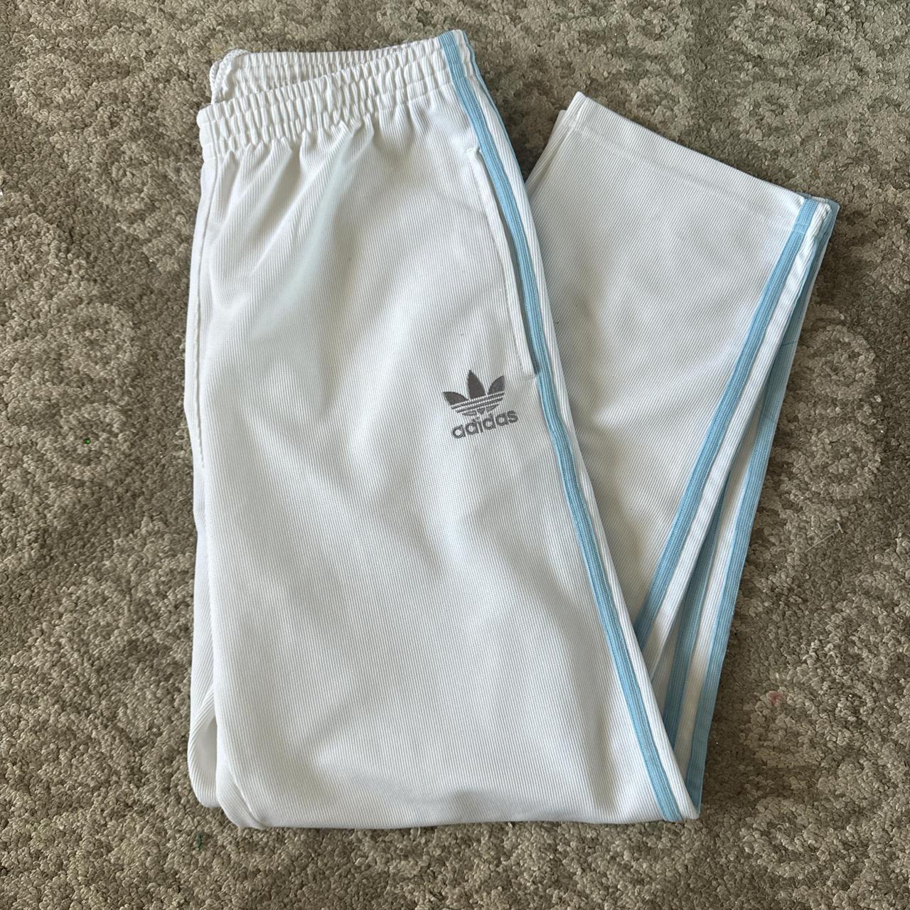 Adidas white and blue tracksuit bottoms - Depop