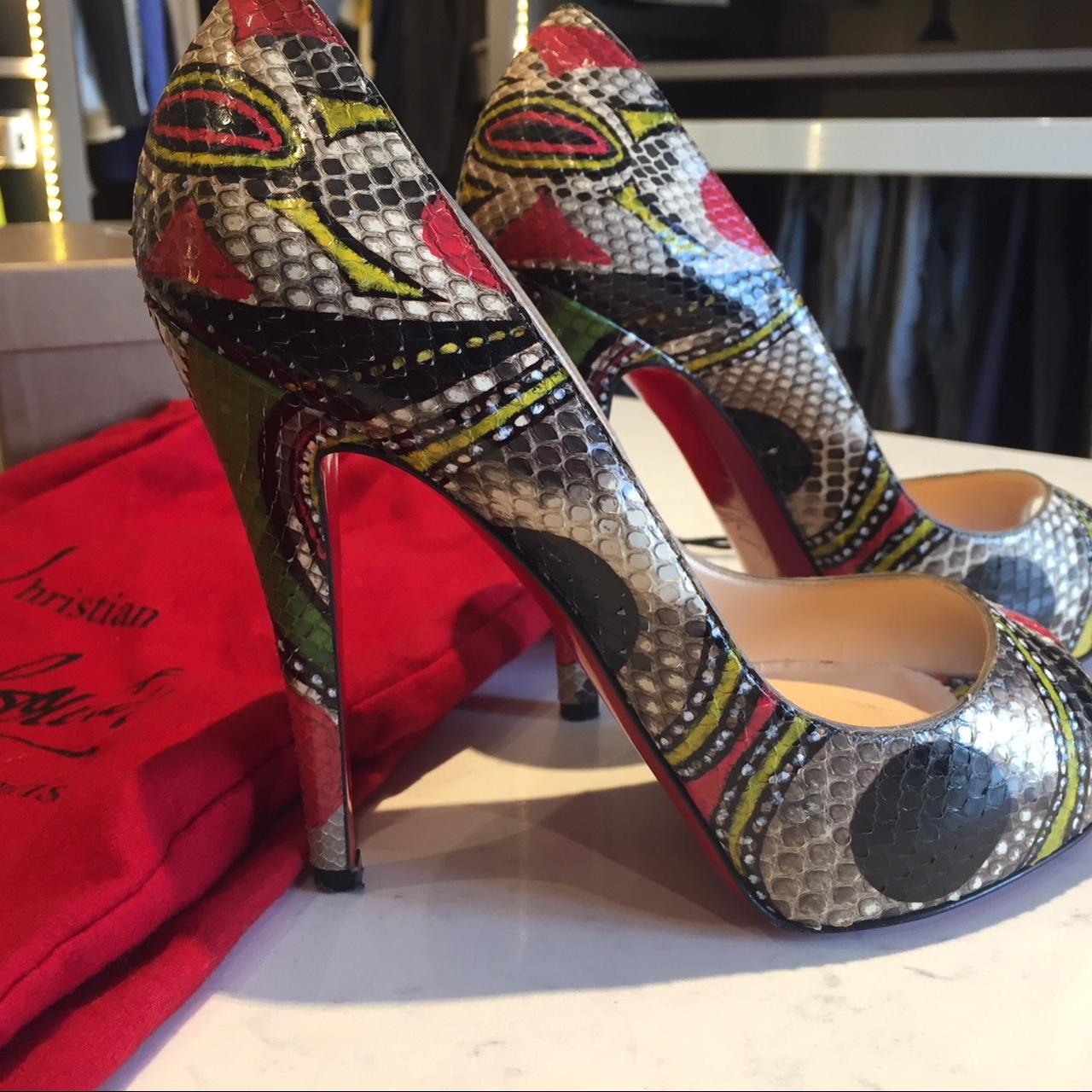 Hand-painted Christian Louboutin Python peep-toe... - Depop