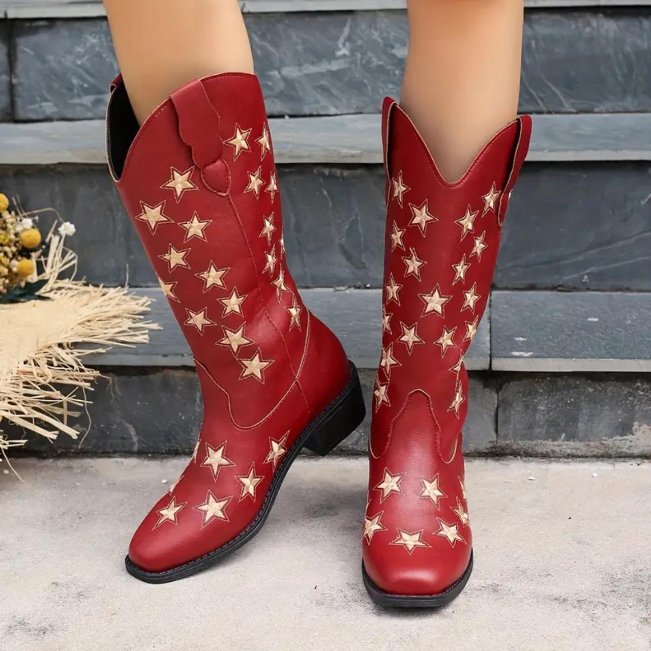 Women's Star Pattern Western Boots, V-cut Square Toe... - Depop