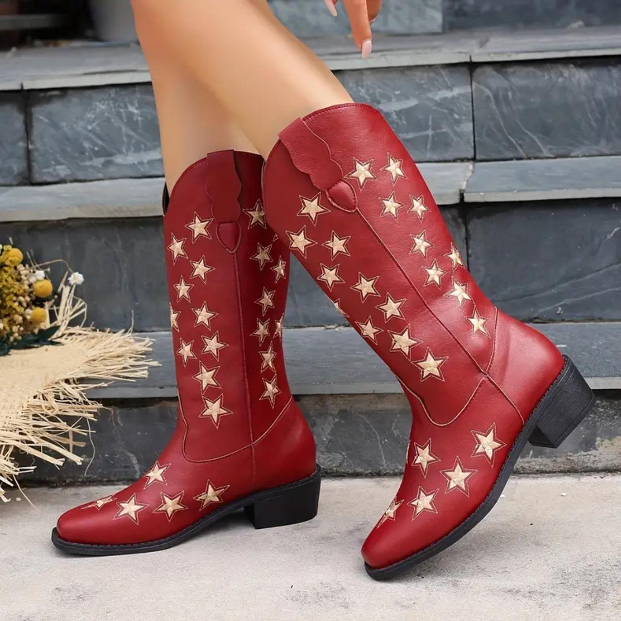Women's Star Pattern Western Boots, V-cut Square Toe... - Depop