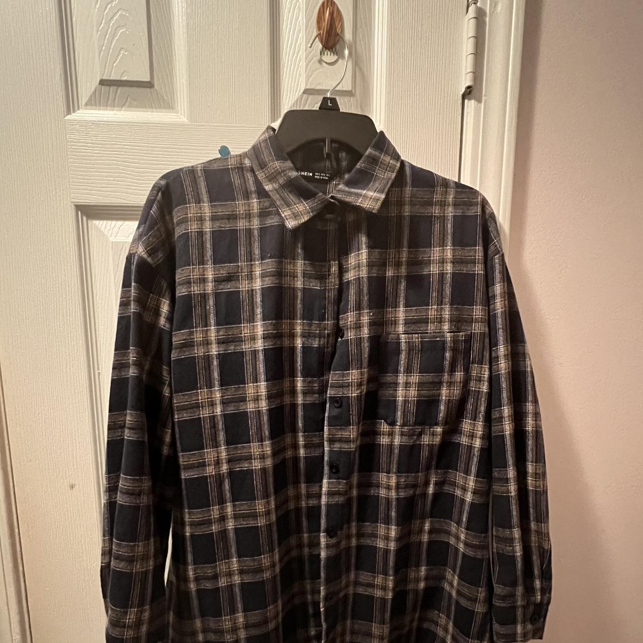 Size S flannel shirt. Oversized fit dark navy with... - Depop