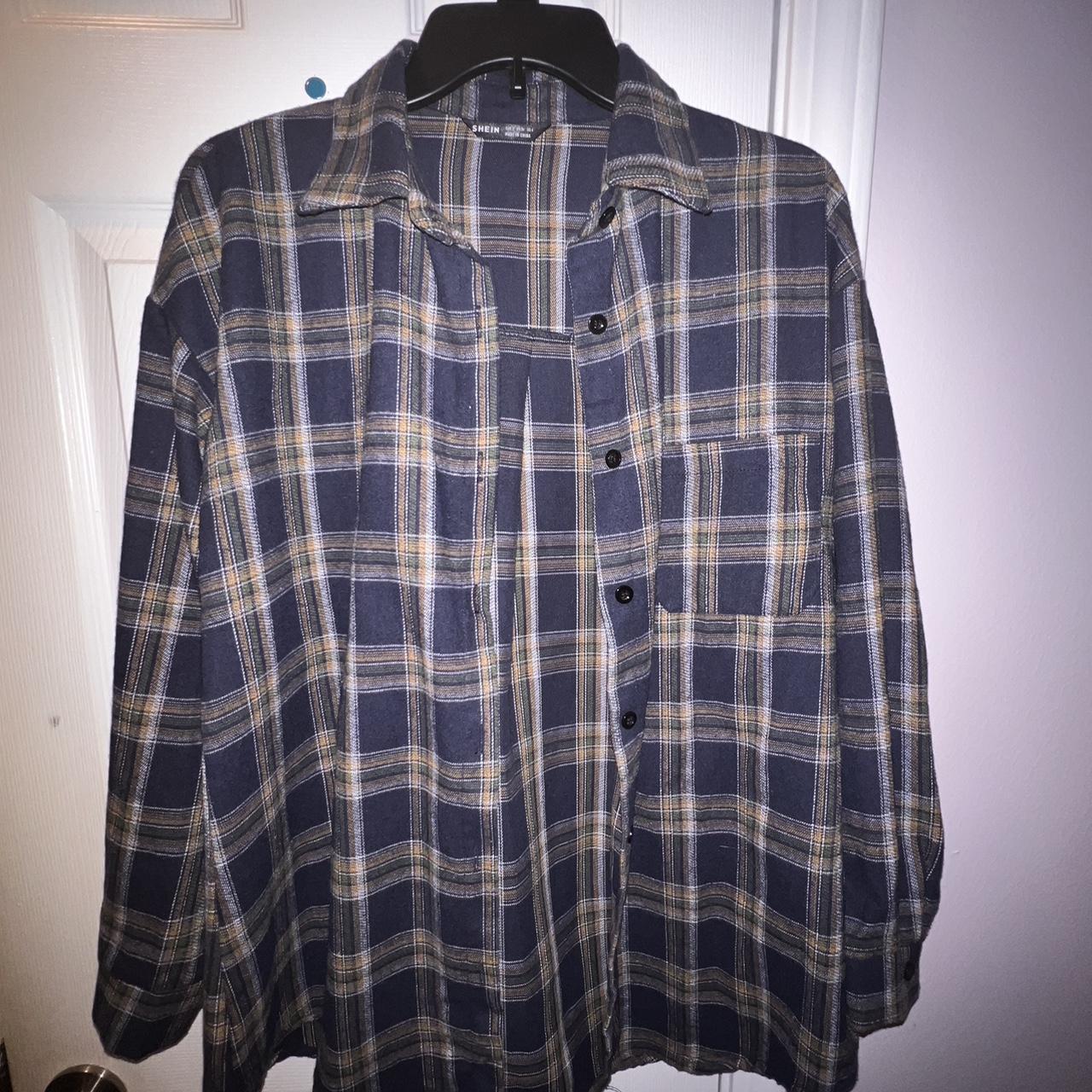 Size S flannel shirt. Oversized fit dark navy with... - Depop