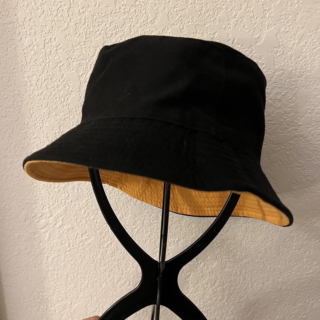reversible black and mustard yellow bucket hat for a... - Depop
