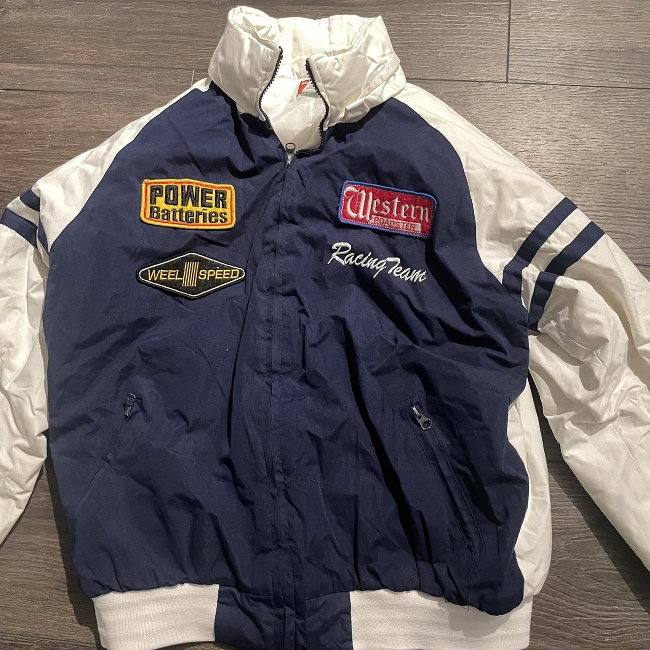 Sahara White and Blue Racing Jacket Size M - Depop