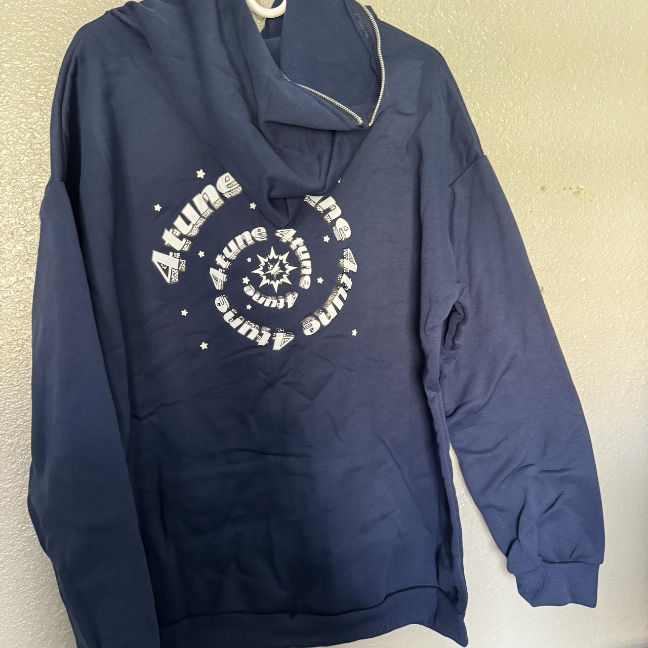 4Tune Navy and White Hoodie Soft and Light Zipper a... | Depop