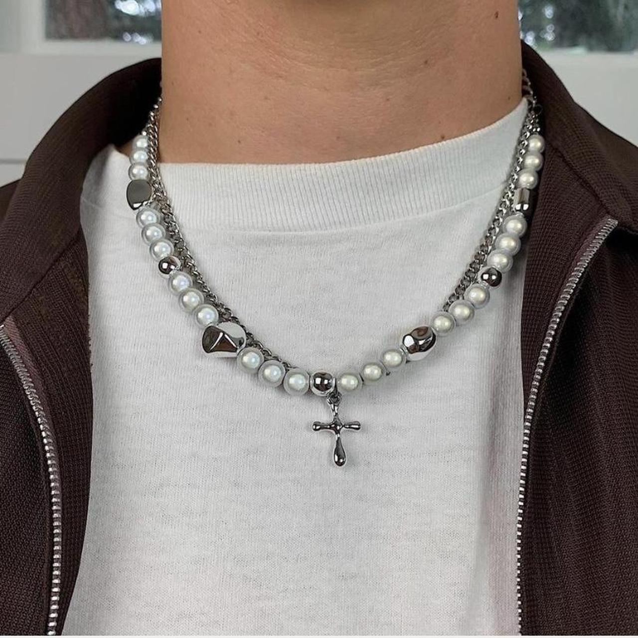 cyber y2k style vintage double layer chain pearl and... - Depop