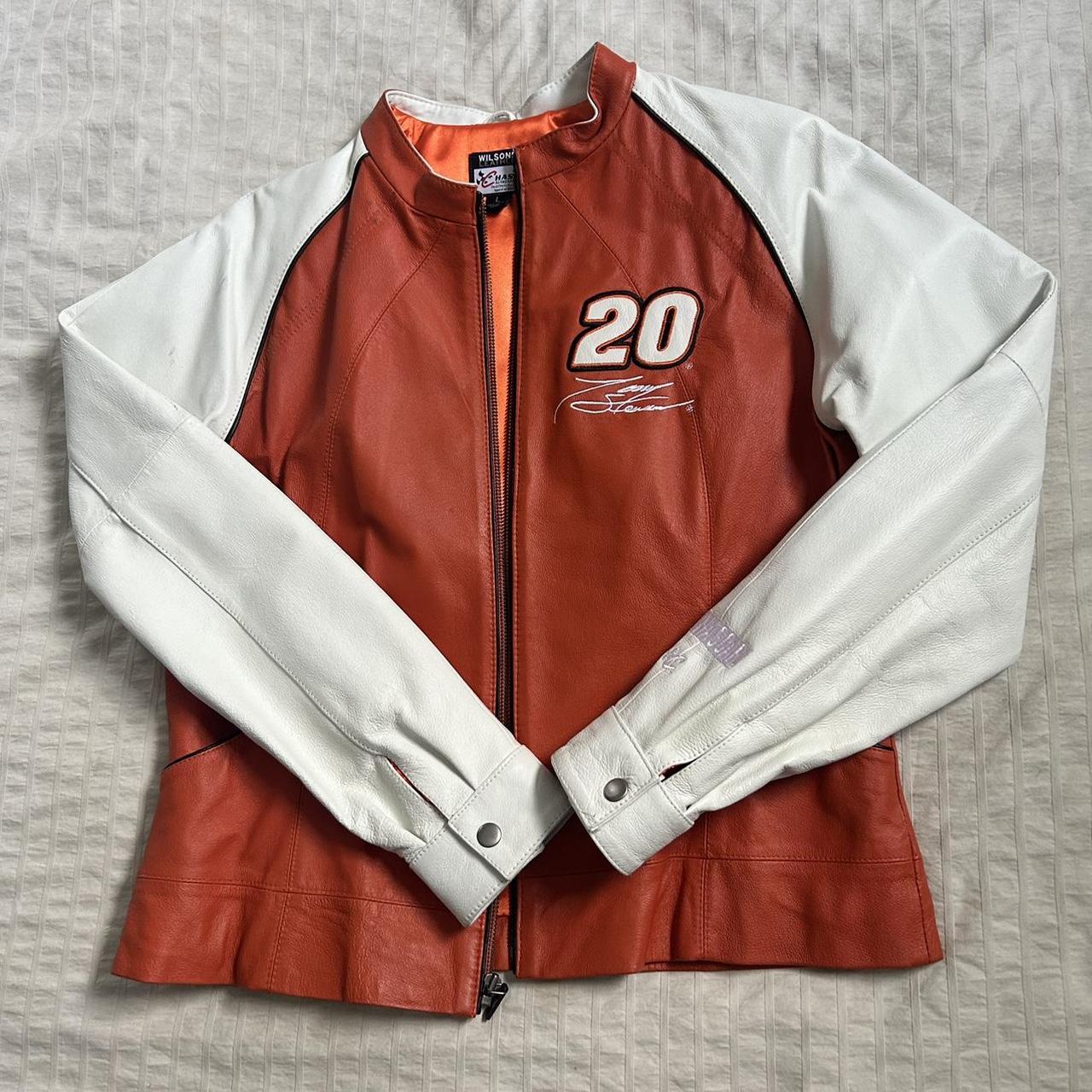 Vintage Leather NASCAR Jacket Orange and white... - Depop
