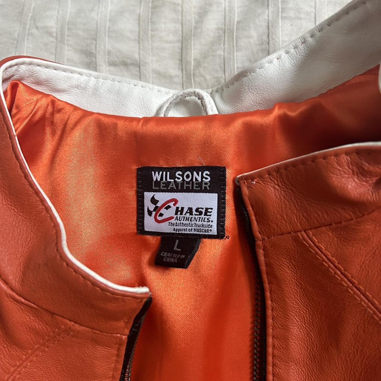 Vintage Leather NASCAR Jacket Orange and white... - Depop