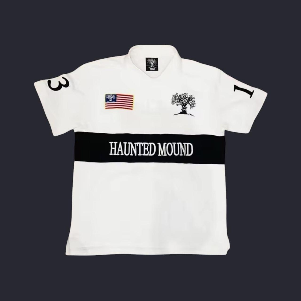 Haunted Mound Polo Shirt in white with black accents | Depop