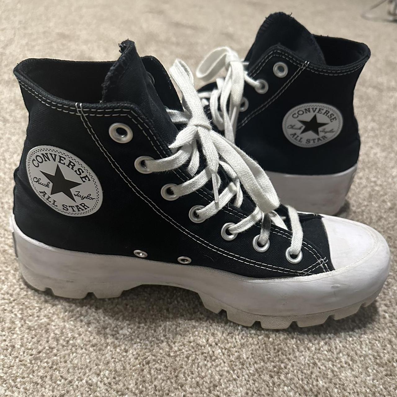 high top platform converse size 7 black and white... - Depop