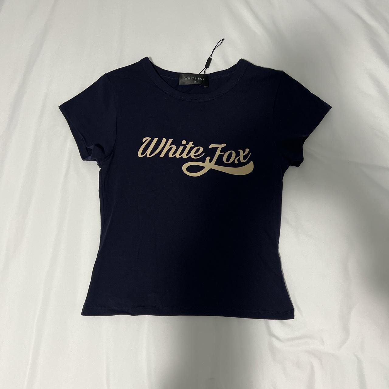 White Fox Baby Tee Navy - Depop