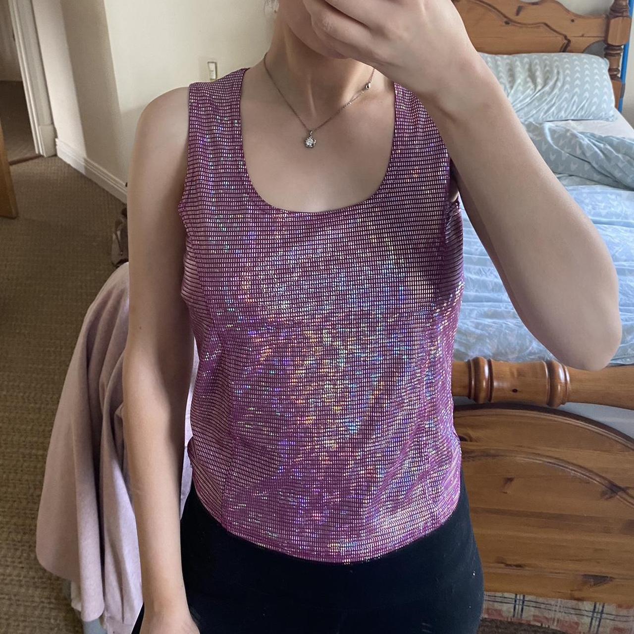 90s Vintage Metallic shiny pink tank top Brand: New... - Depop
