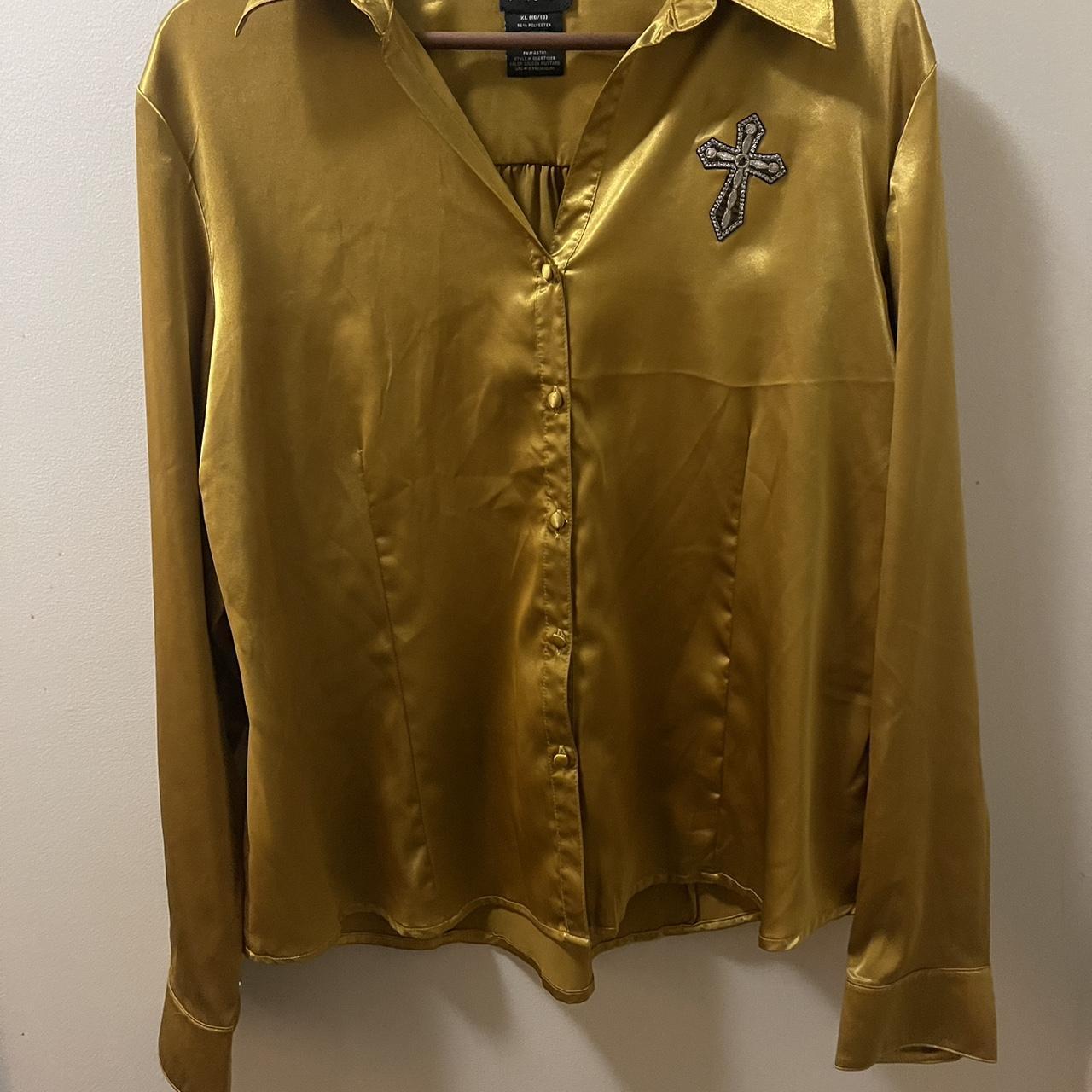Vintage Gold Button up with Cross embroidery... - Depop