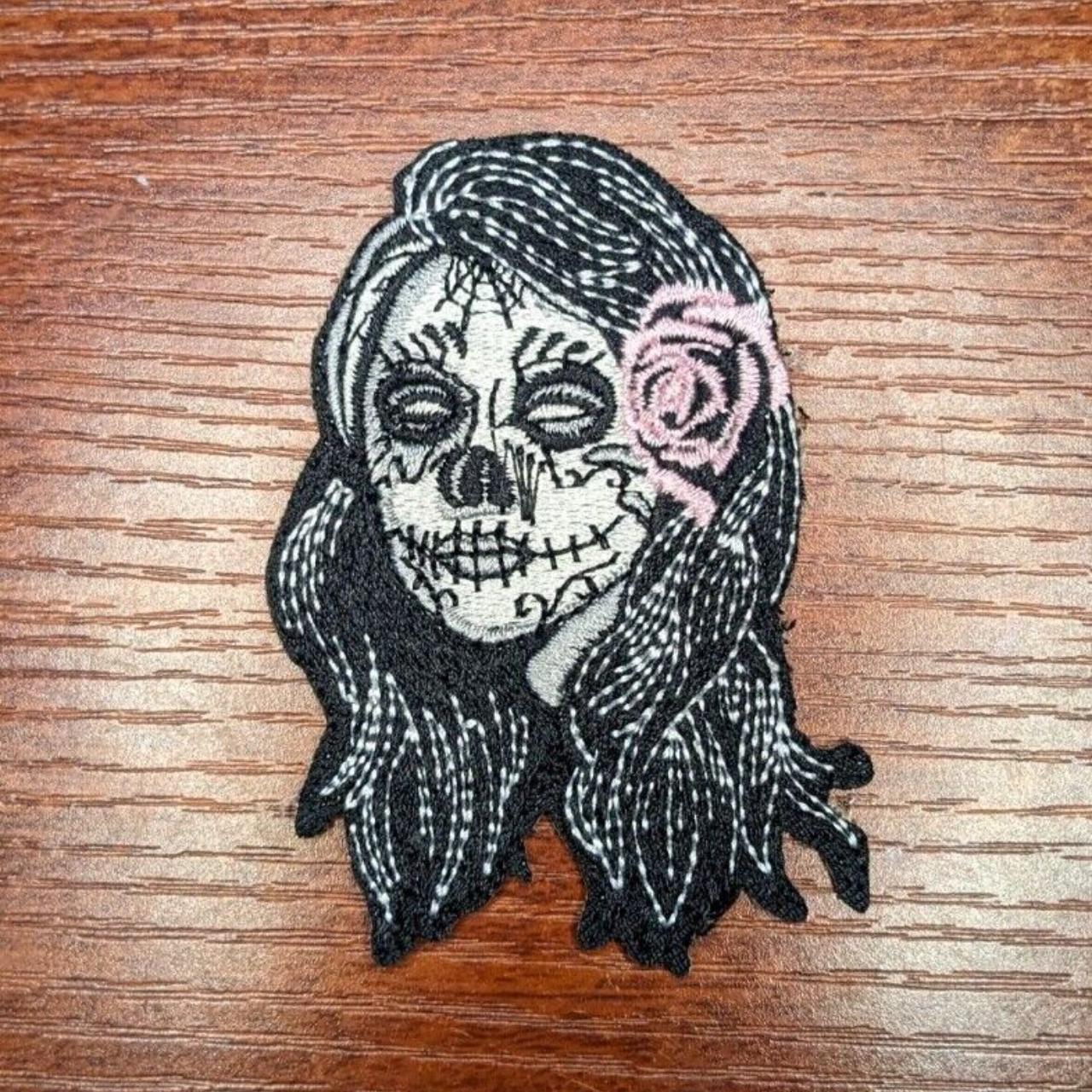 Day of the Dead Patch Girl With Pink Rose... - Depop