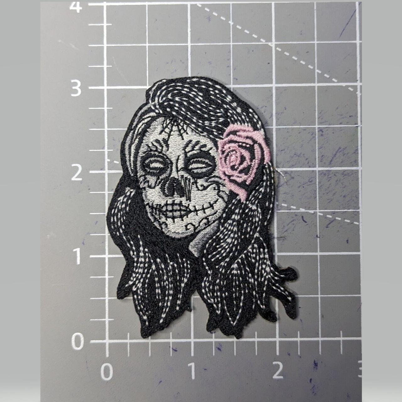 Day of the Dead Patch Girl With Pink Rose... - Depop