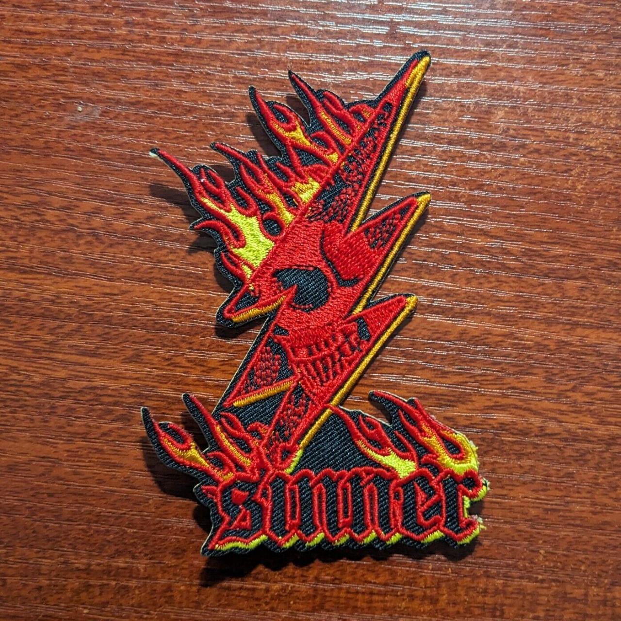Sinner Flaming Skull Lightening Goth Biker Patch... - Depop