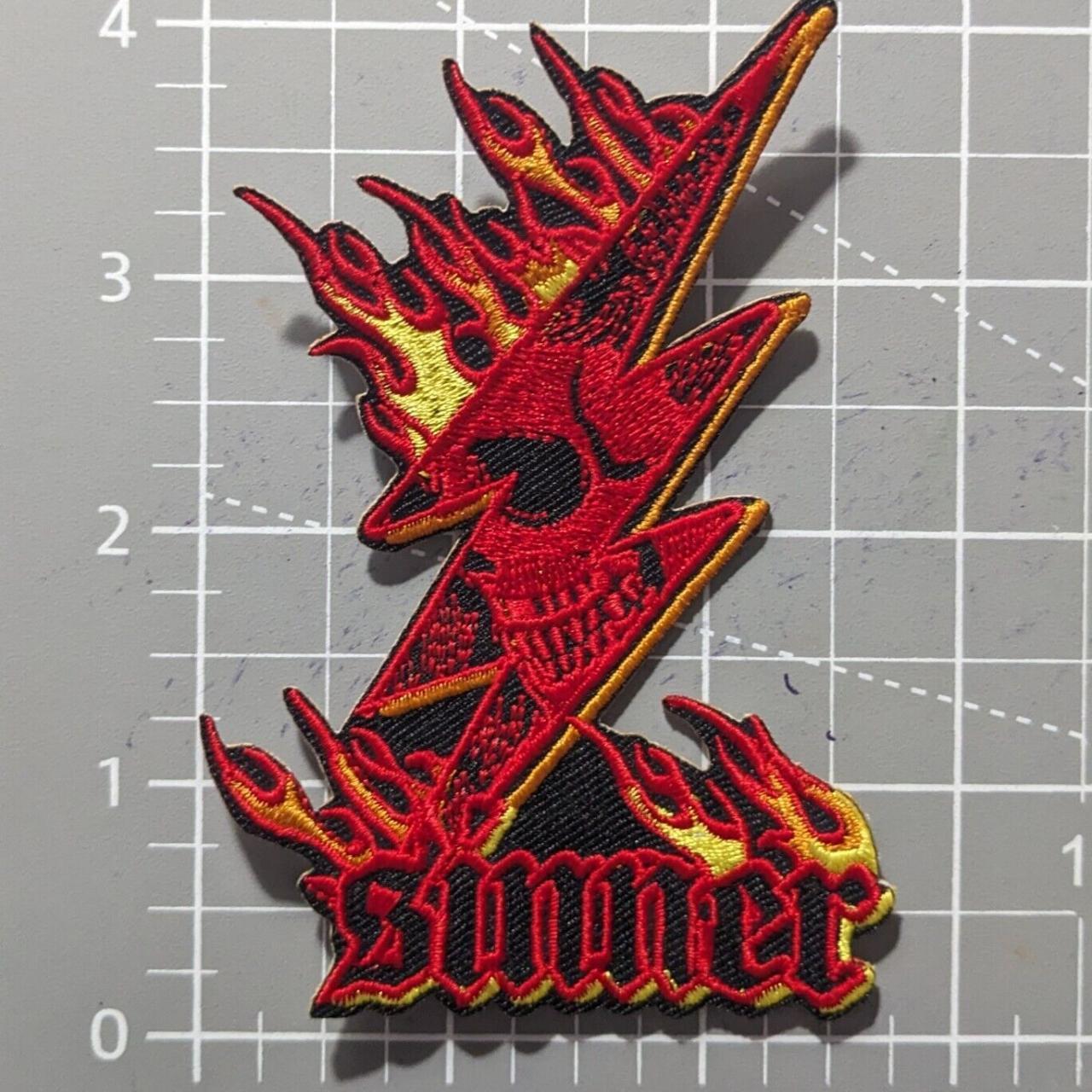 Sinner Flaming Skull Lightening Goth Biker Patch... - Depop