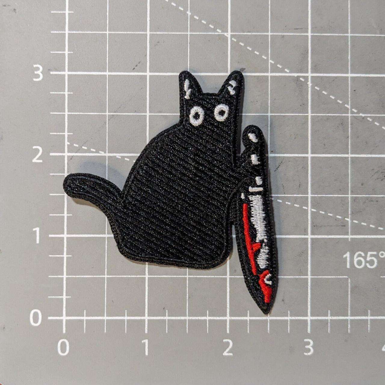 Scaredy Black Cat Patch with Bloody Dagger... - Depop