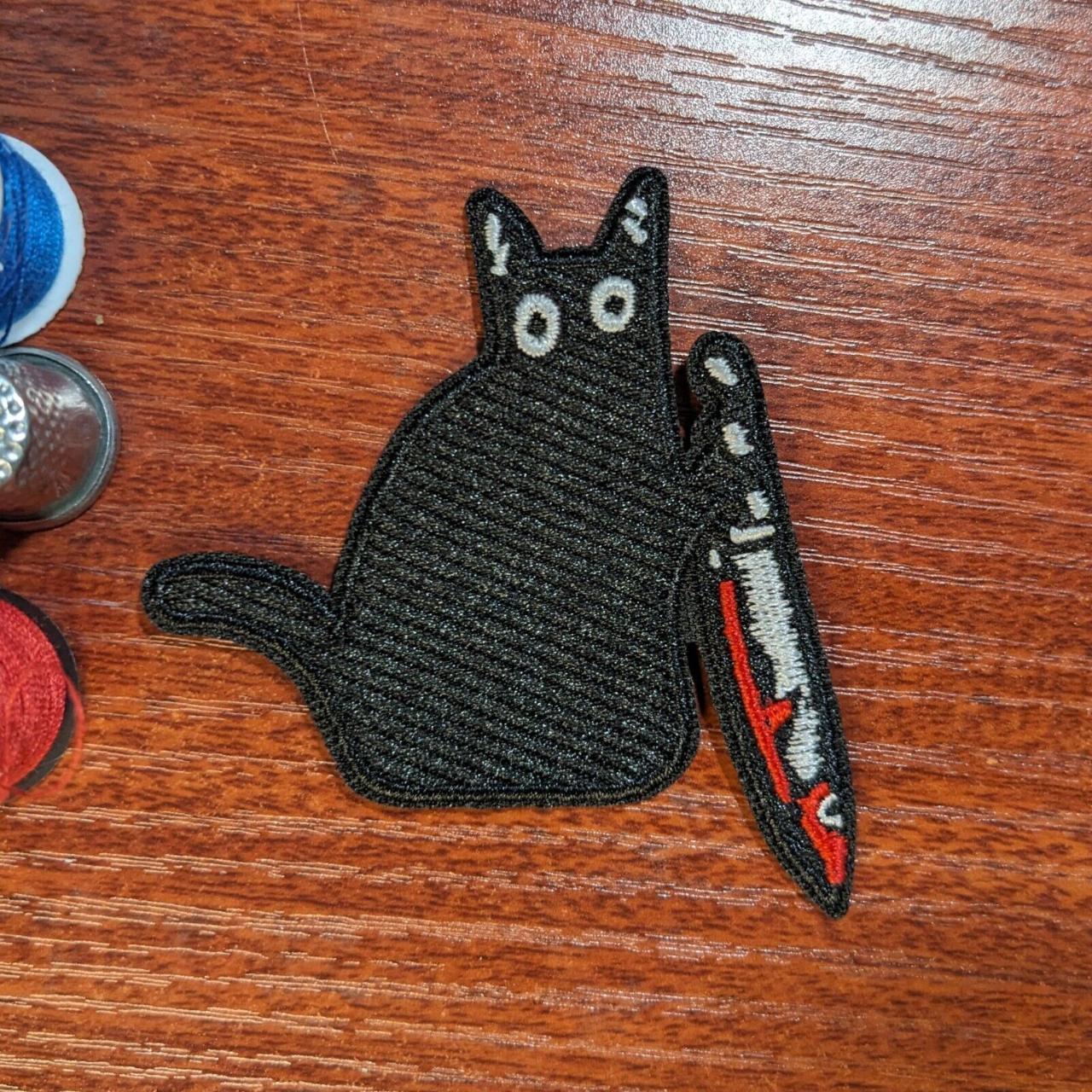 Scaredy Black Cat Patch with Bloody Dagger... - Depop