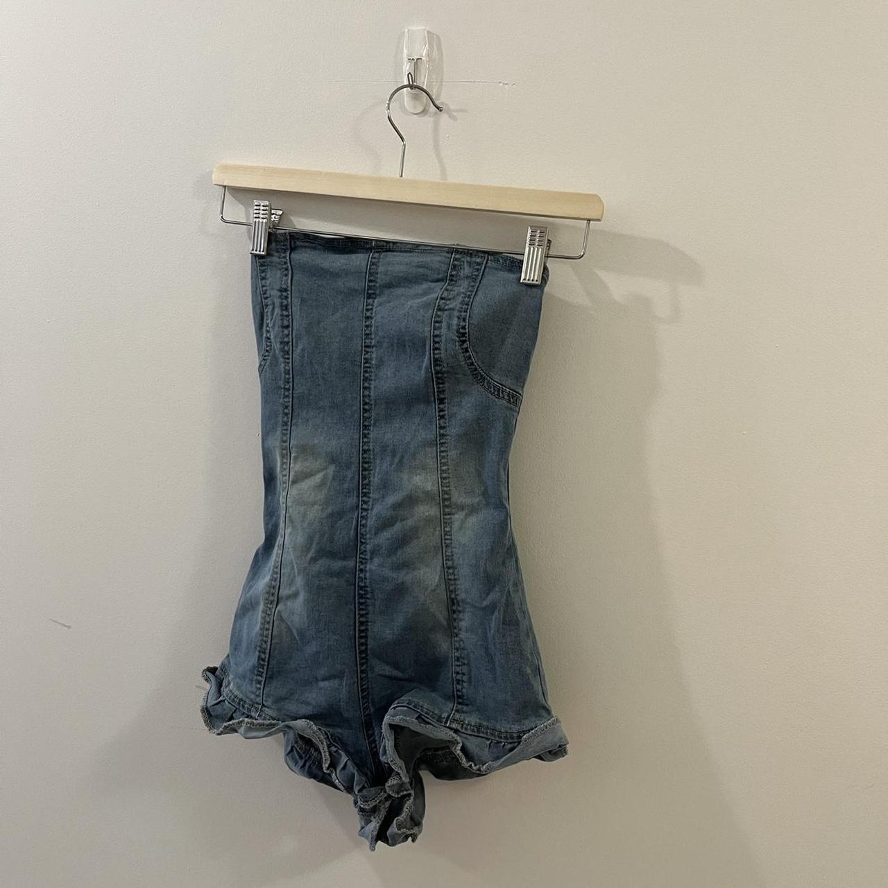 Blue denim ruffle hem tube top jumpsuit great... - Depop