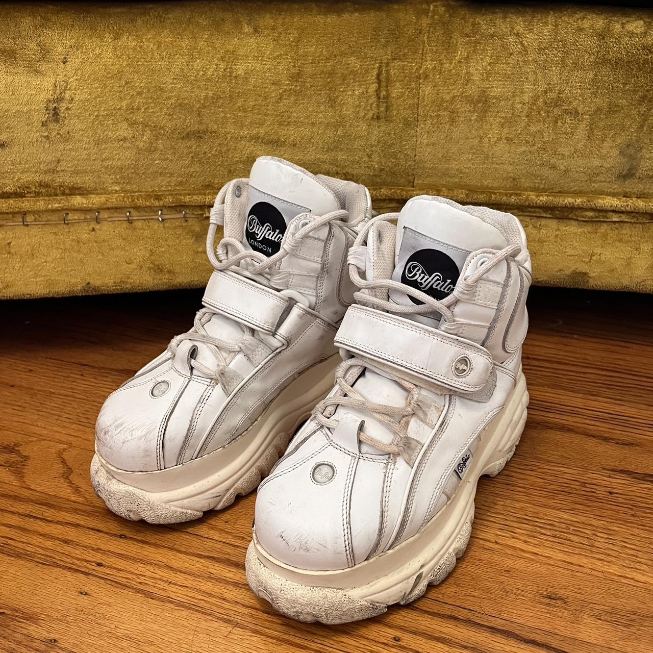 buffalo london classic high white leather platforms.... - Depop