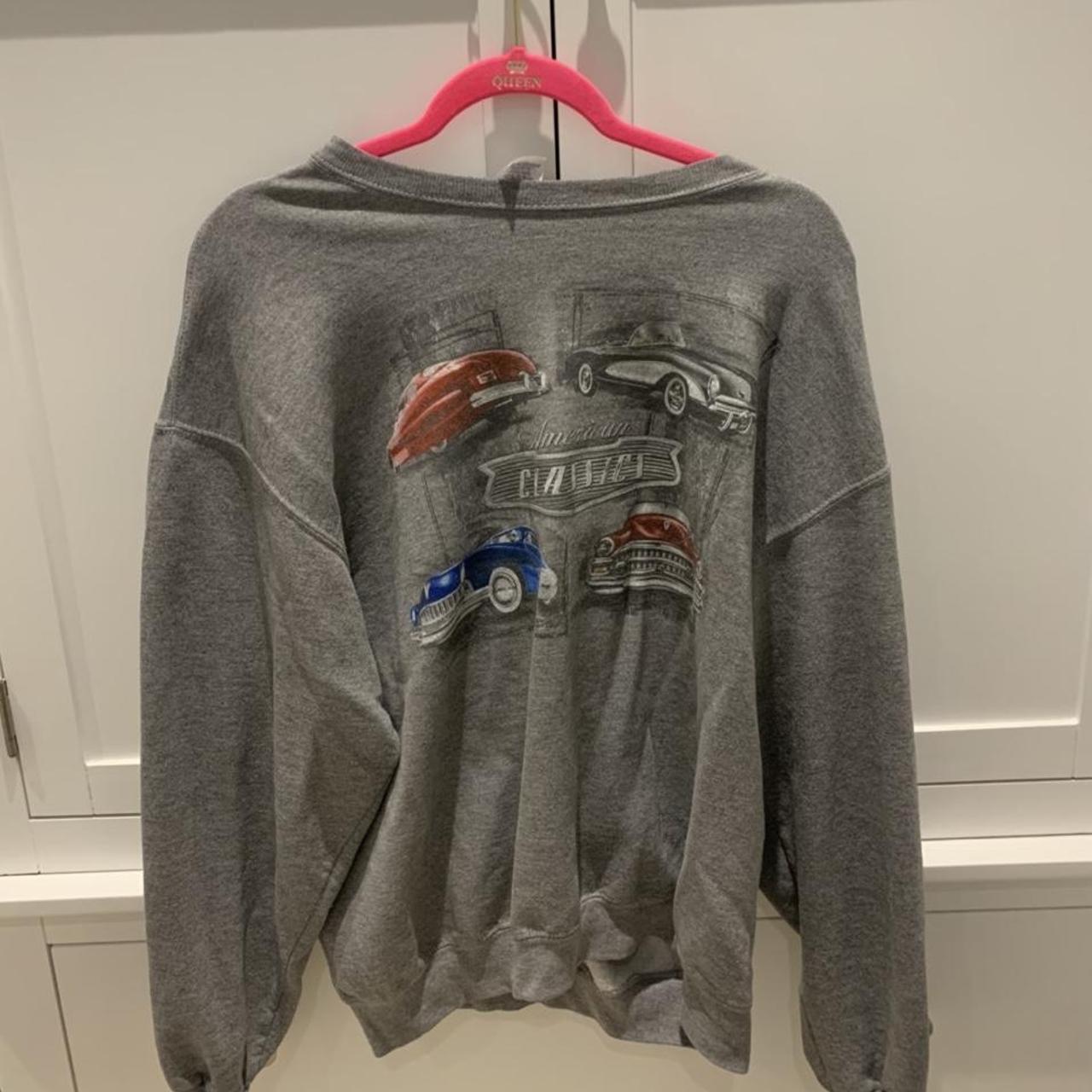 Grey vintage sweatshirt with car print, oversized,... - Depop