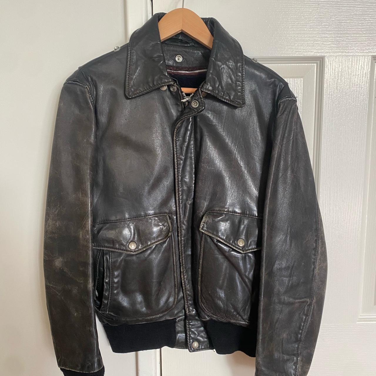 black heavy leather jacket sized 38 inside has a... - Depop