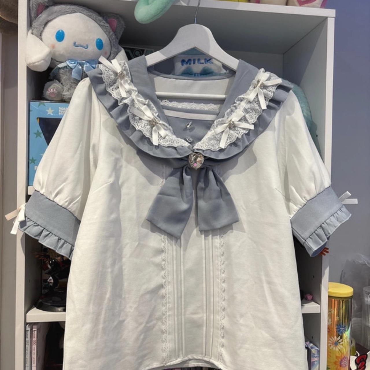 Dear My Love White and blue sailor top with lace and... | Depop