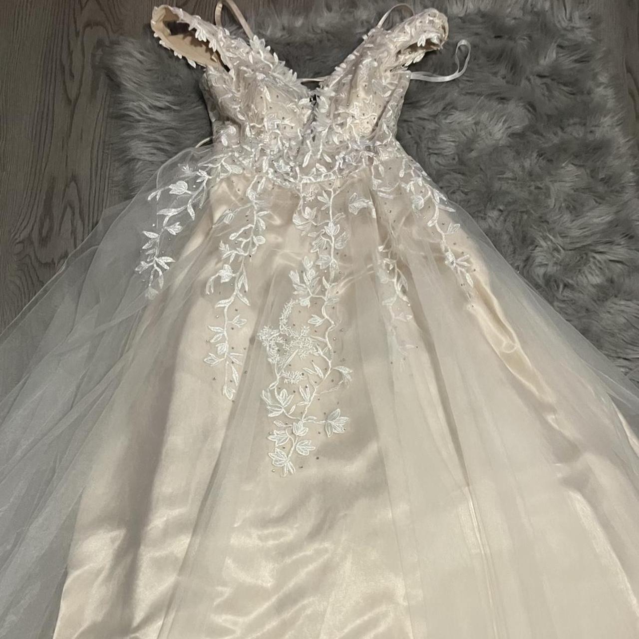 white/cream prom dress with lace and rhinestones.... - Depop