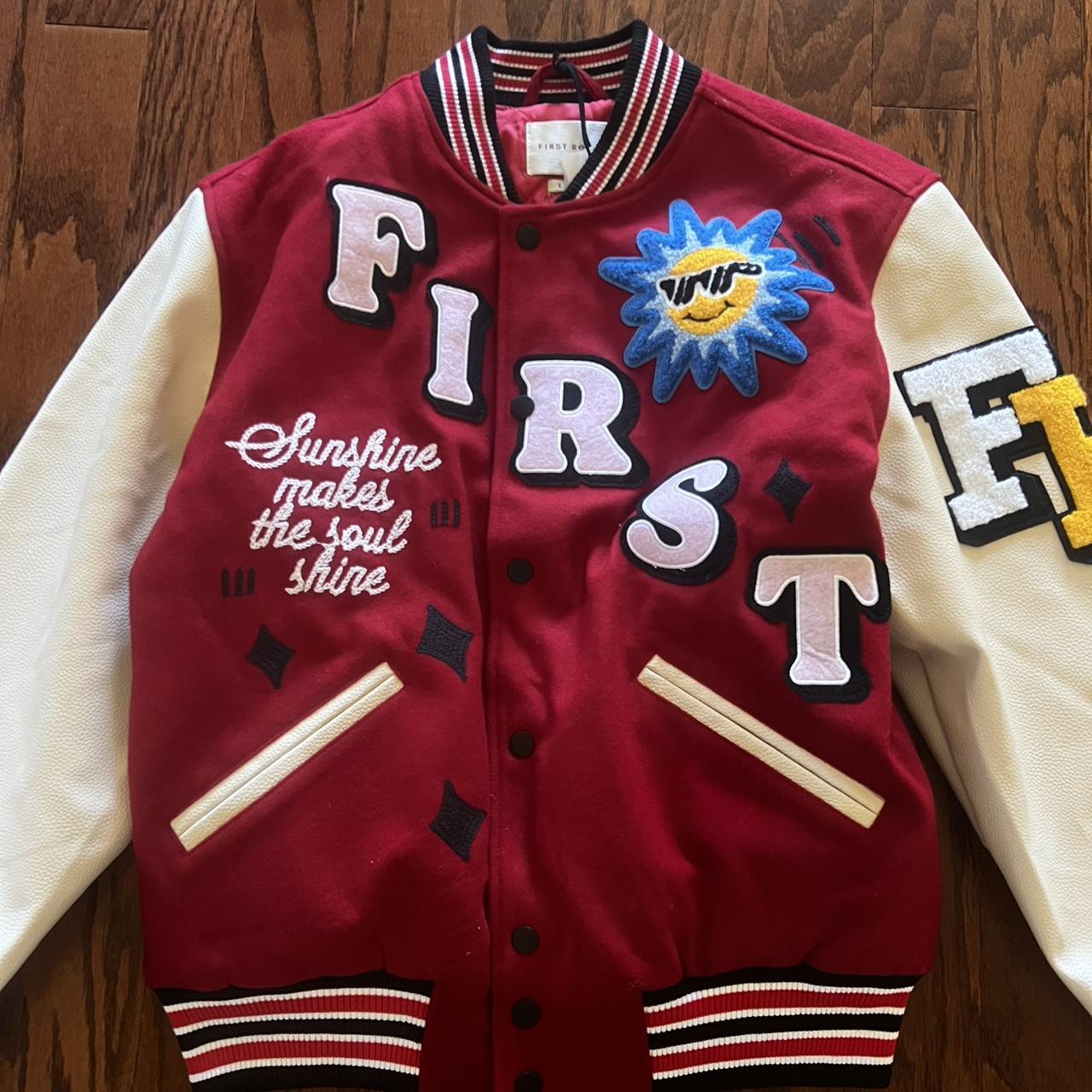 Large red First Row Varsity Jacket “Sunshine... - Depop
