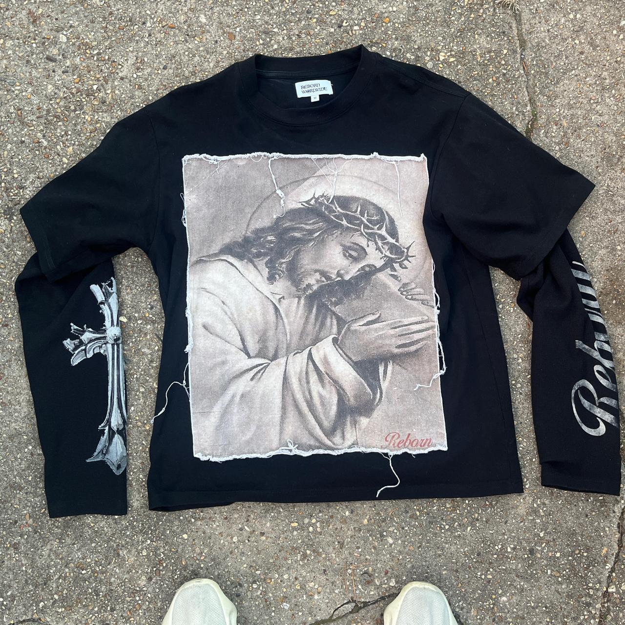 Y2K Jesus distressed double layer tee Medium New... | Depop