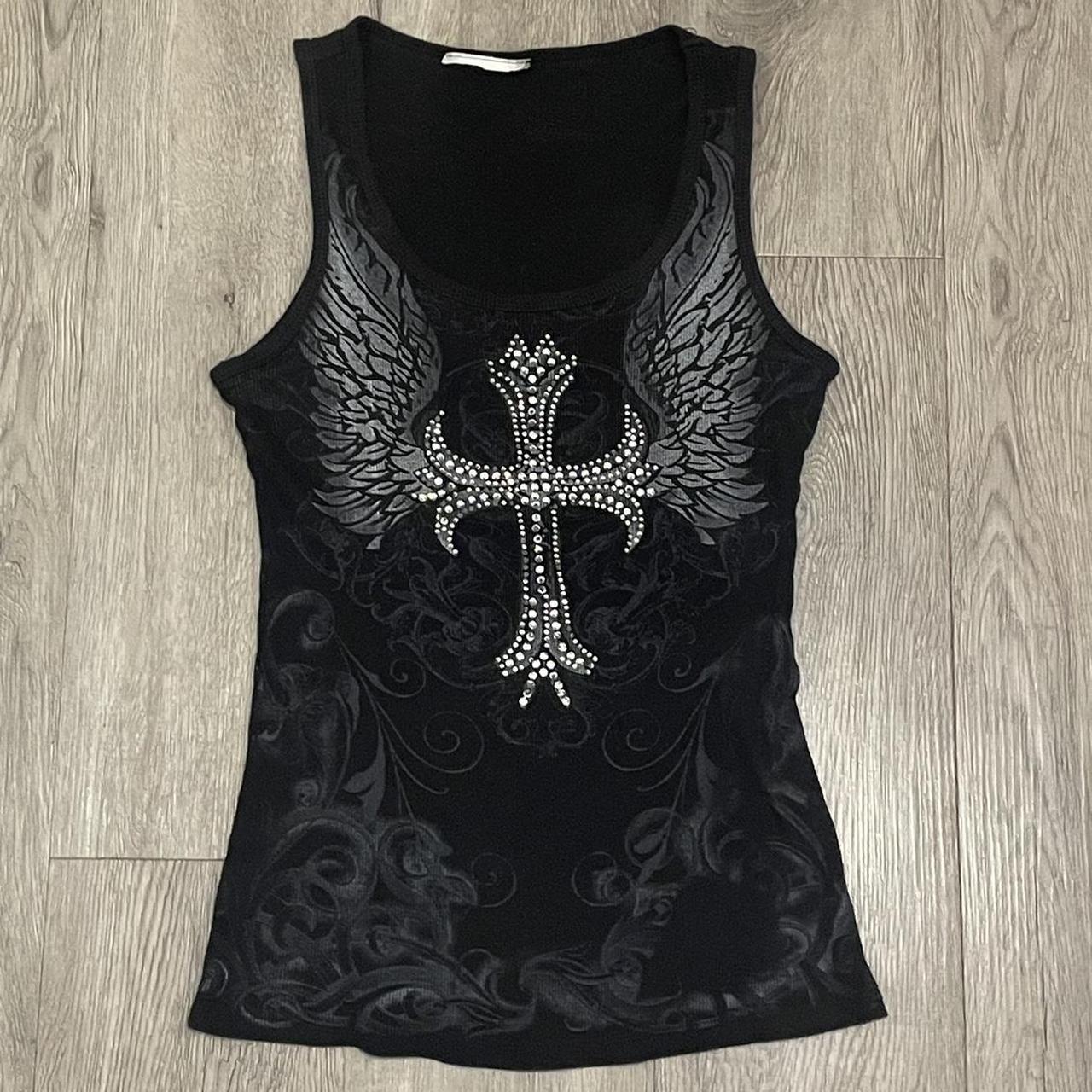 Y2K Rhinestone Cross Black Tank Top #Grunge... - Depop
