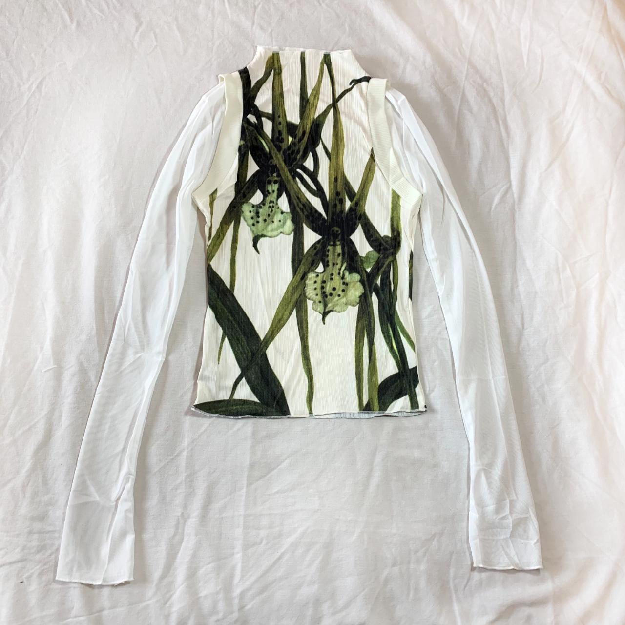 Plant Green Leaf Pattern Mesh Elastic White Long... - Depop