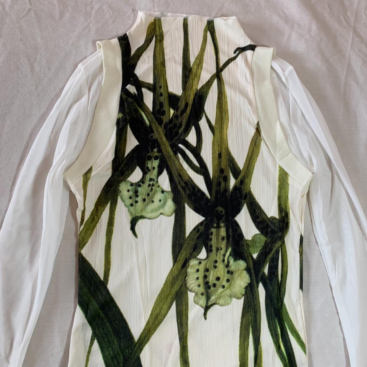 Plant Green Leaf Pattern Mesh Elastic White Long... - Depop