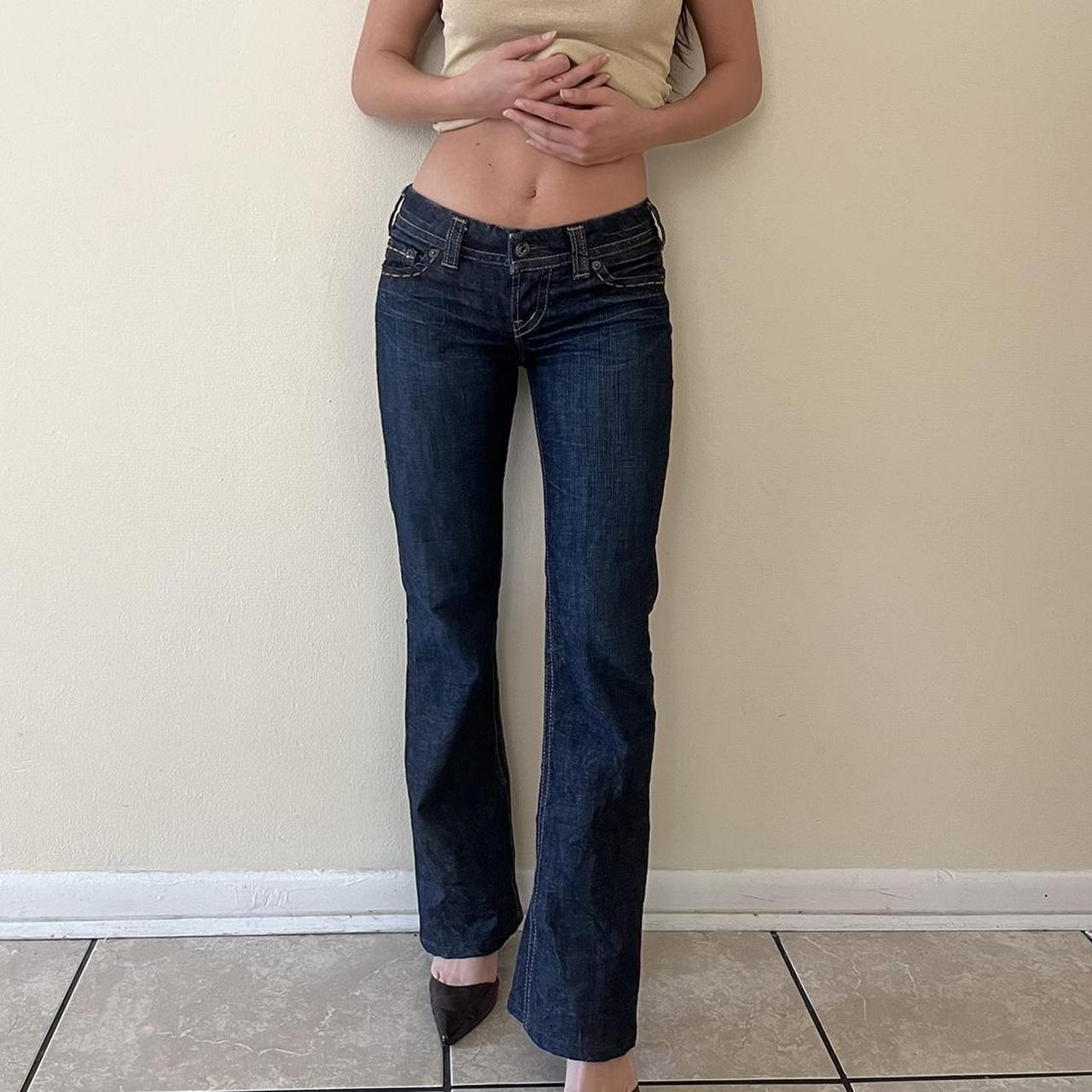 2000s low rise jeans 💙 Dark wash with brown stitch... - Depop