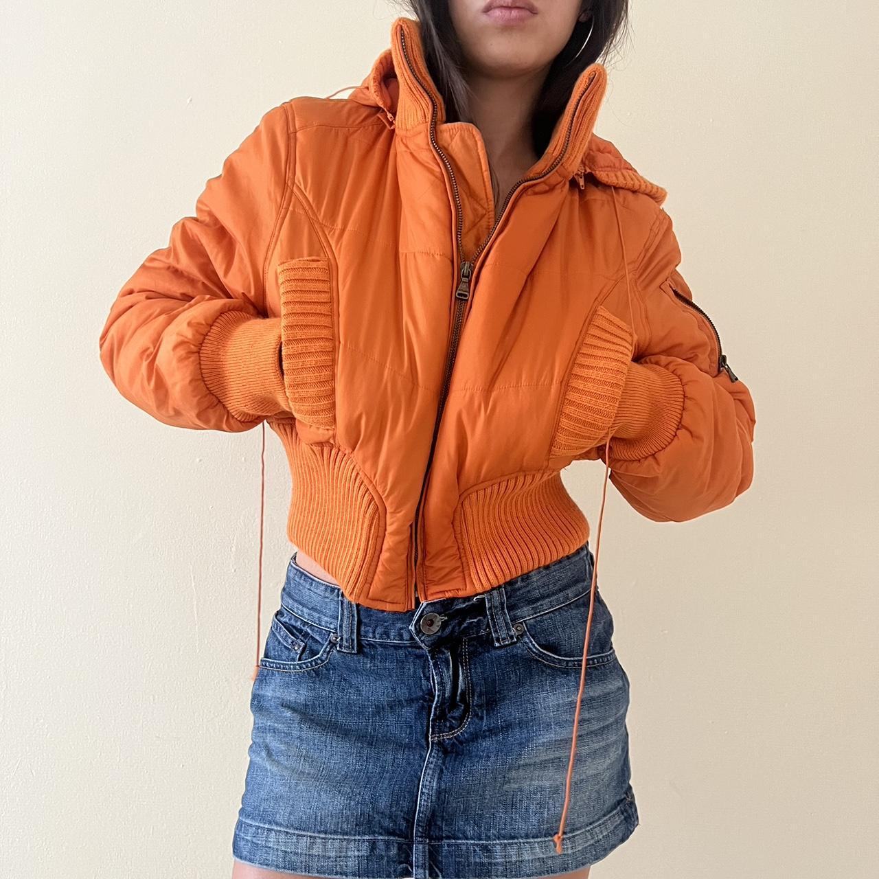 2000s orange puffer jacket 🤍 Cinched waist. Knit... - Depop