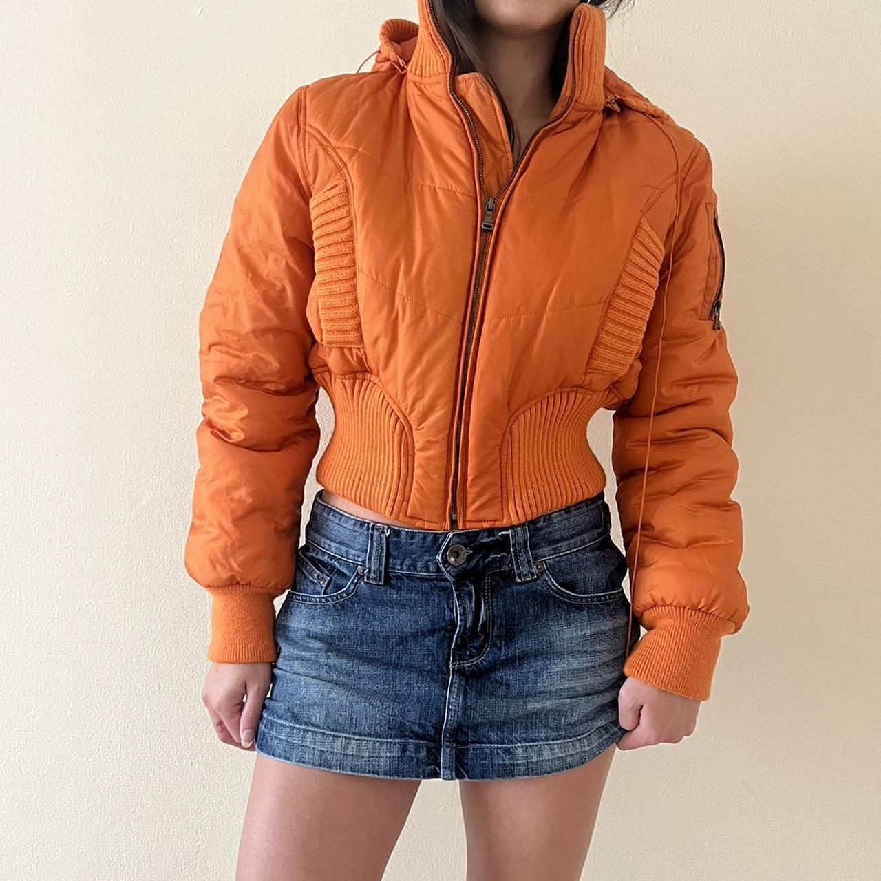 2000s orange puffer jacket 🤍 Cinched waist. Knit... - Depop
