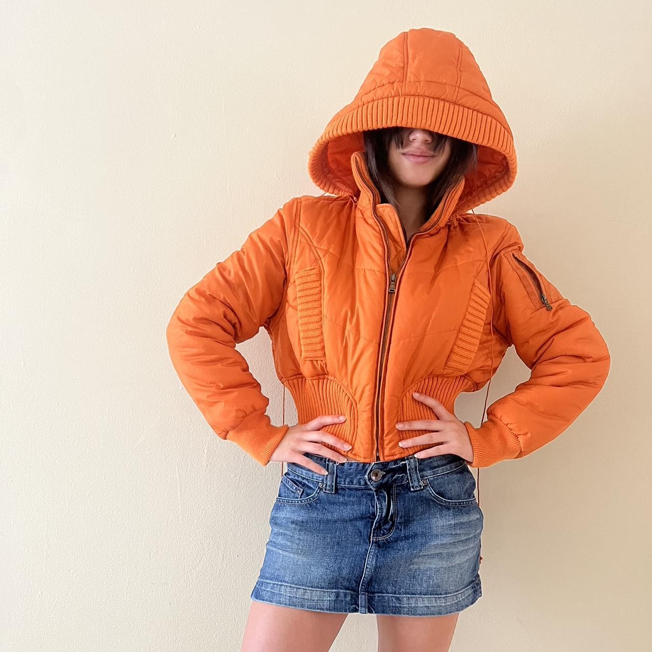 2000s orange puffer jacket 🤍 Cinched waist. Knit... - Depop