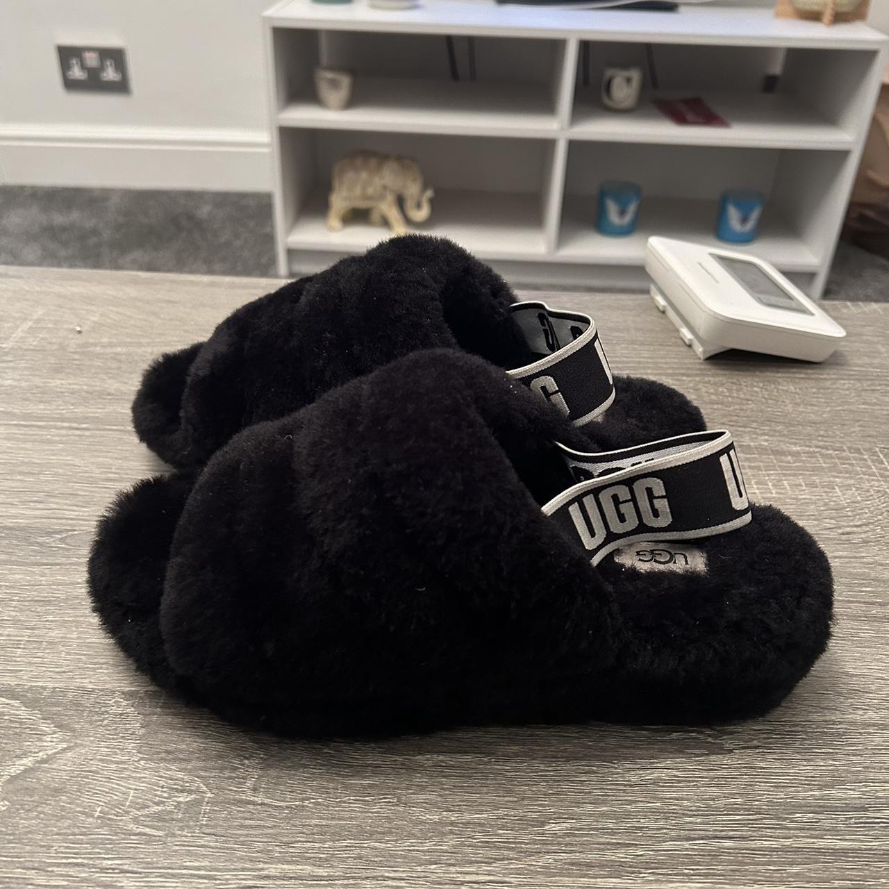 Ugg black slippers - fluffy Hardly worn UK Size 6... - Depop