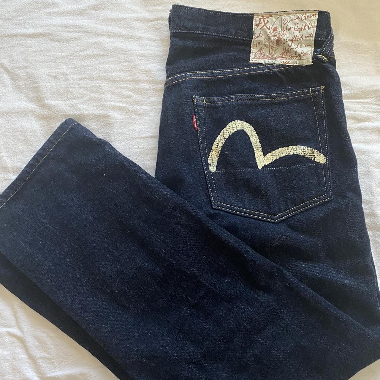 ➿dark wash male evisu jeans➿ size 34 waist, slim fit - Depop